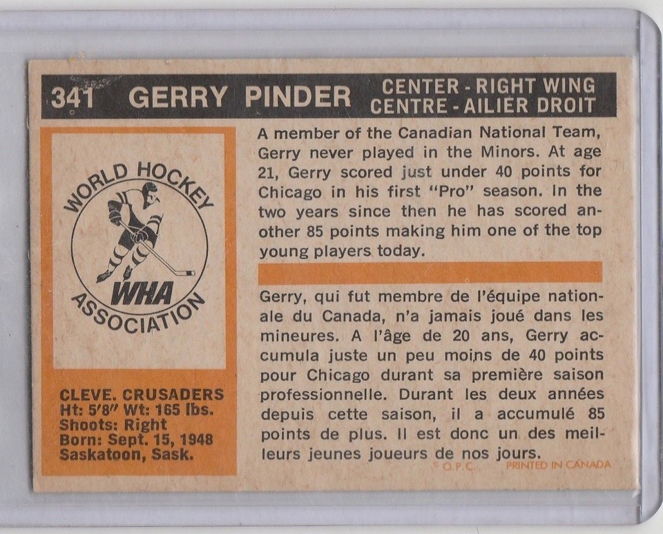 1972 73 OPC O Pee Chee #341 WHA Gerry Pinder Short Print Cleveland ...