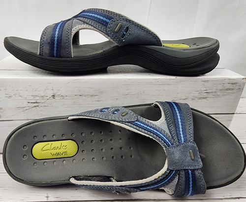 Clarks Wave Slip On Blue/Navy Blue/Gray Leather Upper flip Flop Sandals ...