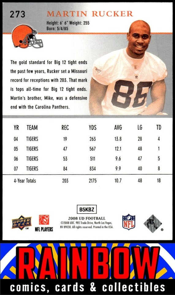 2008 Upper Deck #273 Martin Rucker Rookie Cleveland Browns | eBay