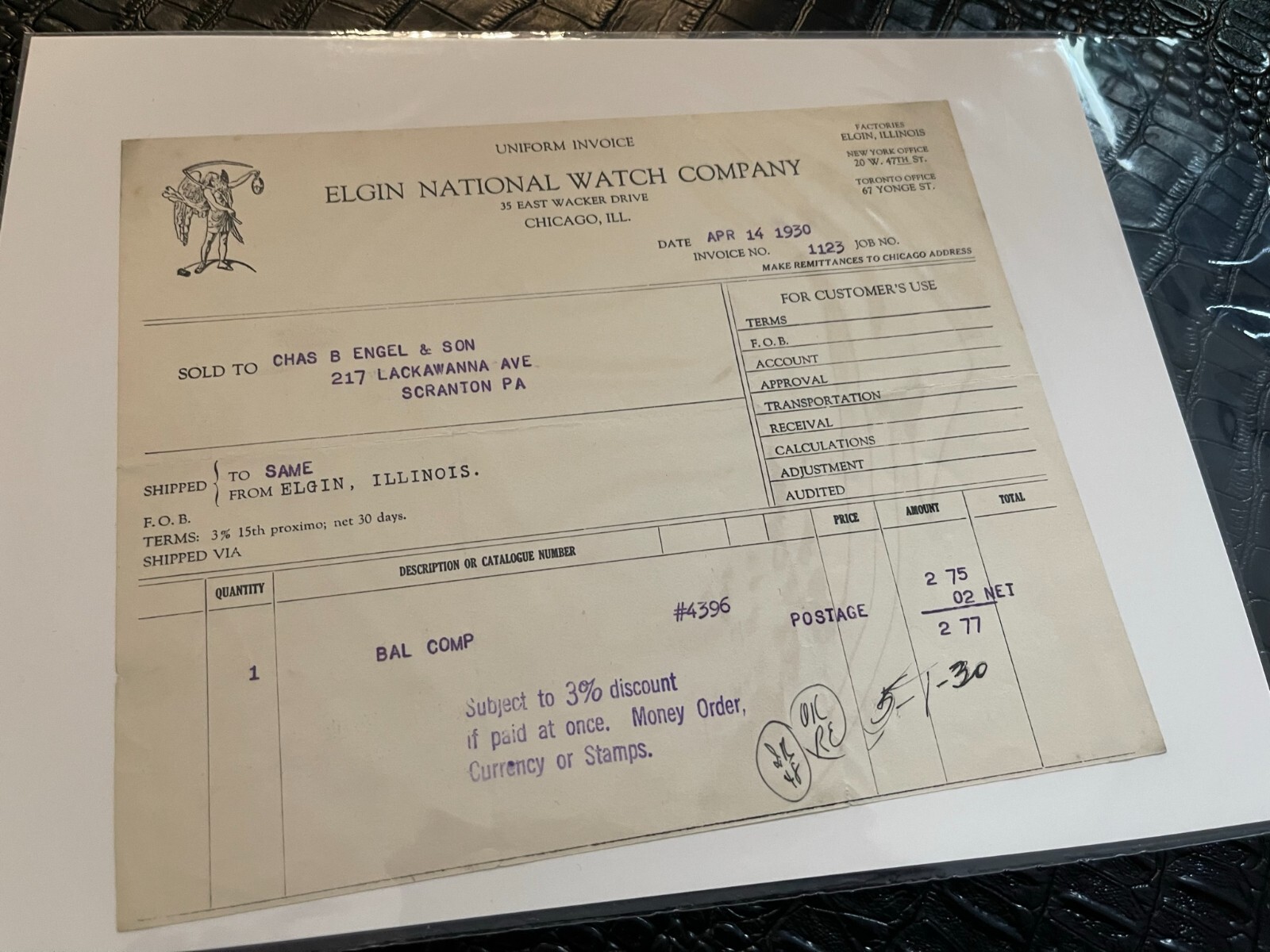 1930 ANTIQUE LETTERHEAD - ELGIN NATIONAL WATCH COMPANY - CHICAGO ...