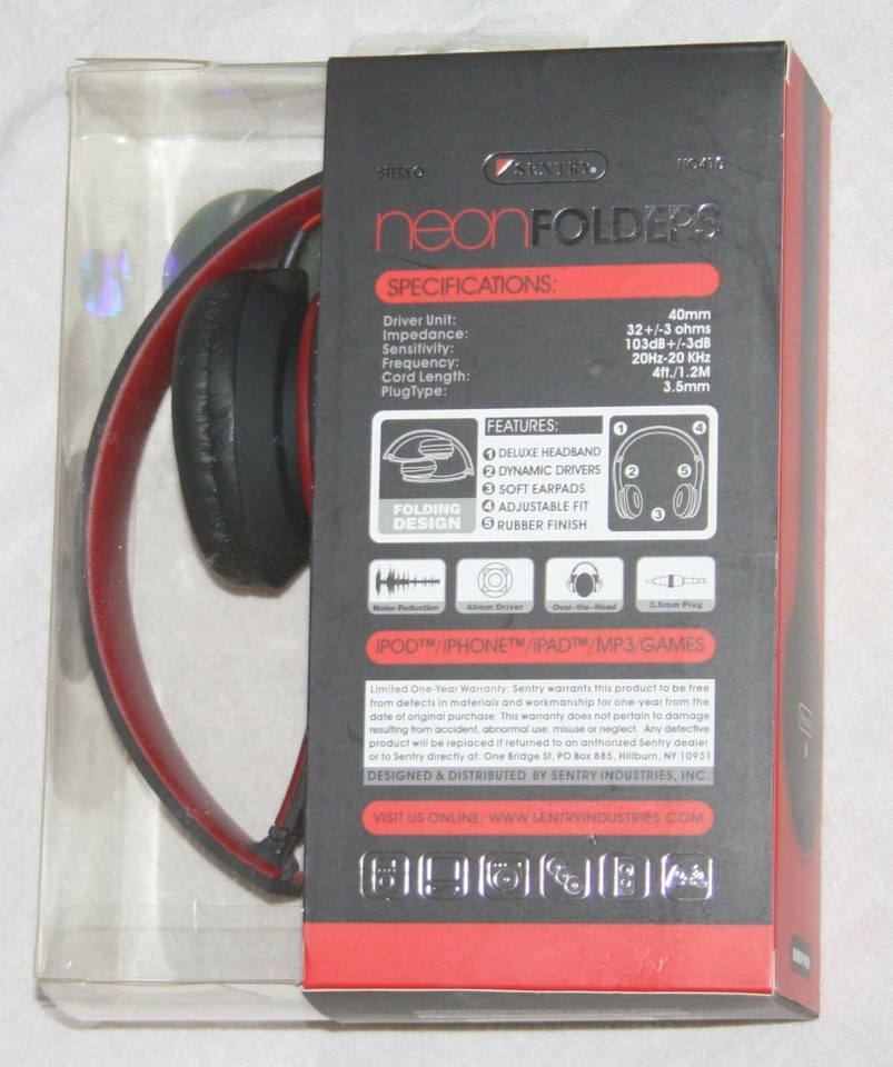 Sentry Neon Folders Stereo Headphones folding red black HO410 rubber ...