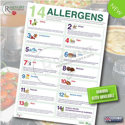 14 food allergens allergy kitchen catering safety vinyl sticker poster ...