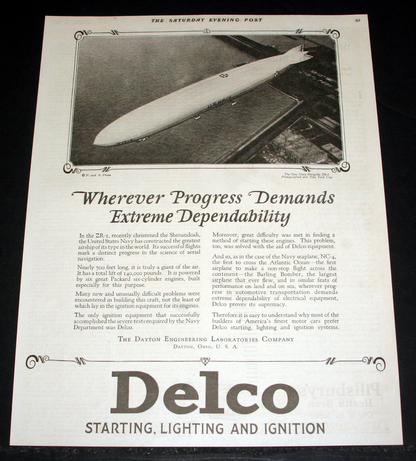 1923 OLD MAGAZINE PRINT AD, DELCO STARTING & LIGHTING, ZR-1 DIRIGIBLE ...