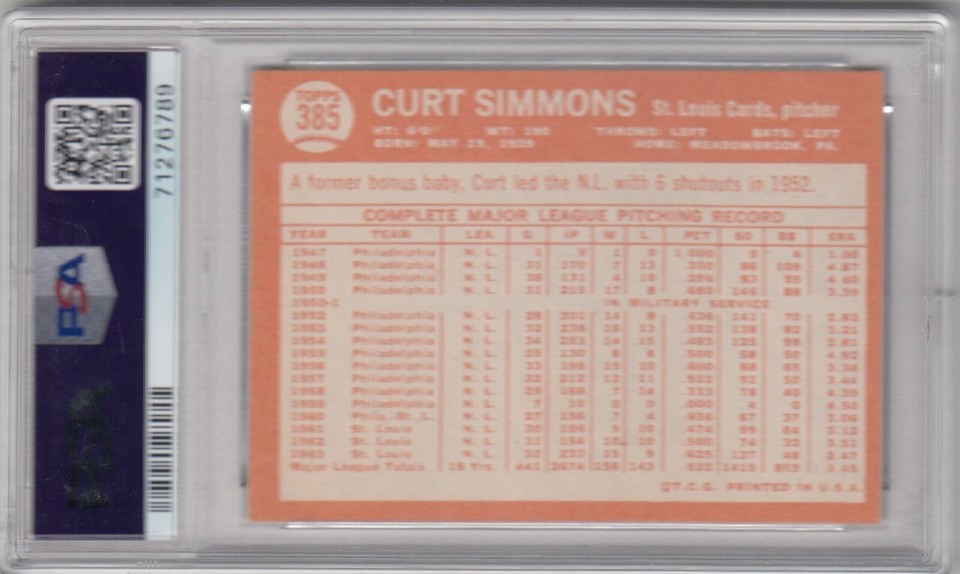 1964 TOPPS CURT SIMMONS CARDINALS 385 PSA 6 EXMT SHARP CORNERS FREE SHIPPING | eBay