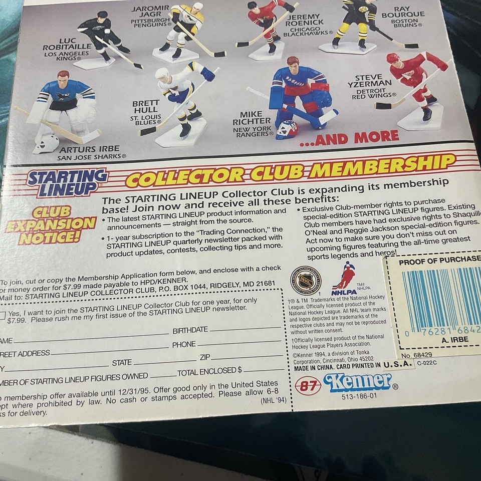 1995 Starting Lineup ARTURS IRBE SJ Sharks Figure & Card with NM Mint ...