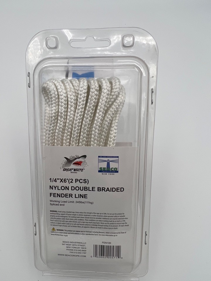 Boat Fender Line 2pc 1/4" x 6 FT Nylon double braid white | eBay