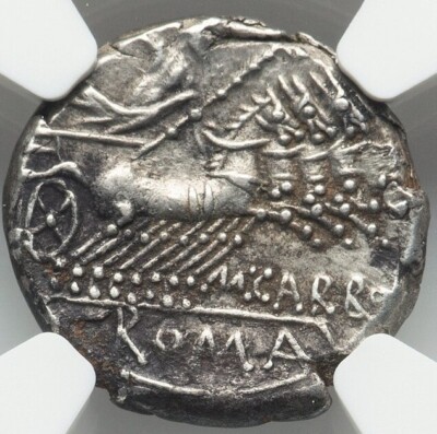 ROMAN REPUBLIC M Papirius Carbo Ancient NGC AU Roma Zeus QUADRIGA ...