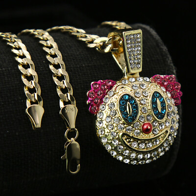 Gold Plated Clown Jester Pendant Iced Cubic-Zirconia 24" & 30" Cuban ...