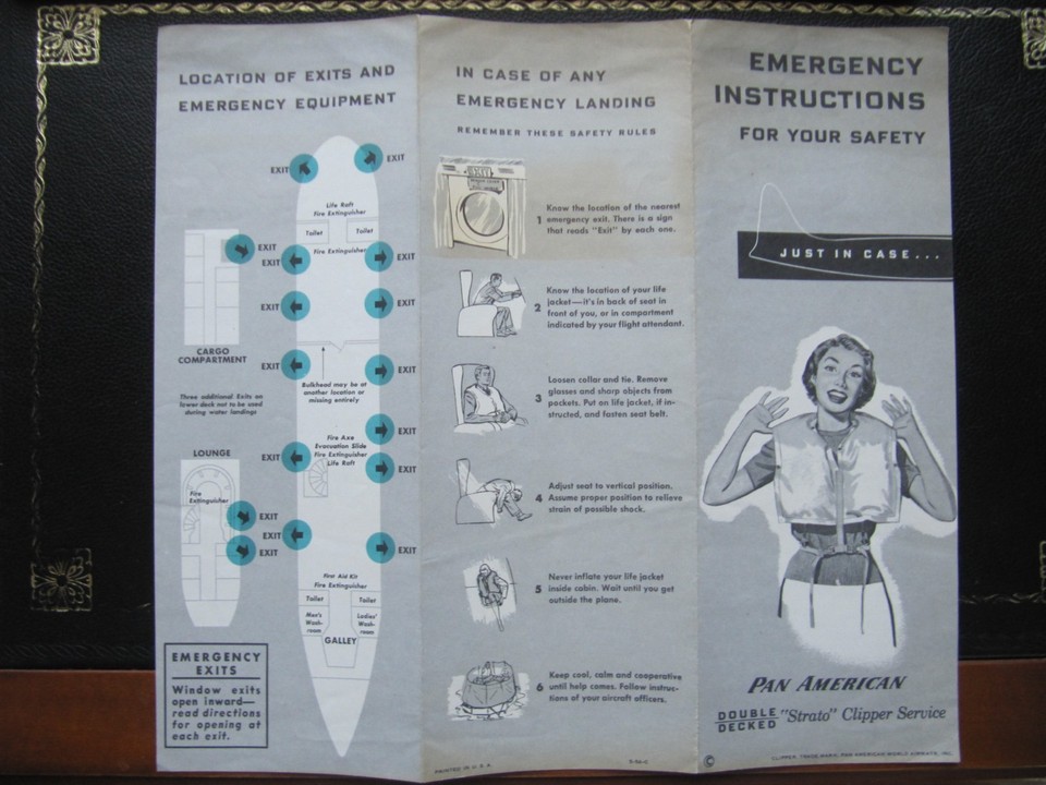 PAN AM AMERICAN safety card 5/54 BOEING 377 Double Decked Strato ...