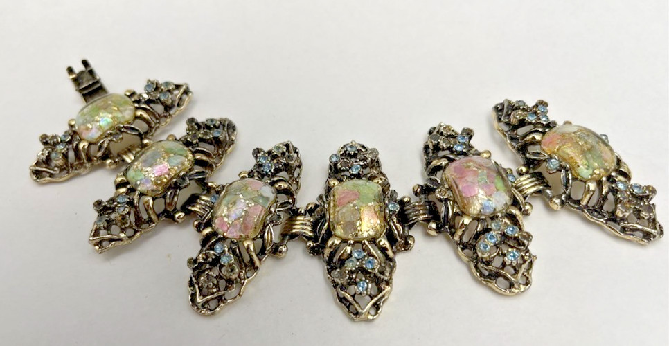 Vintage Iridescent glass stone and blue rhinestone Bo… - Gem