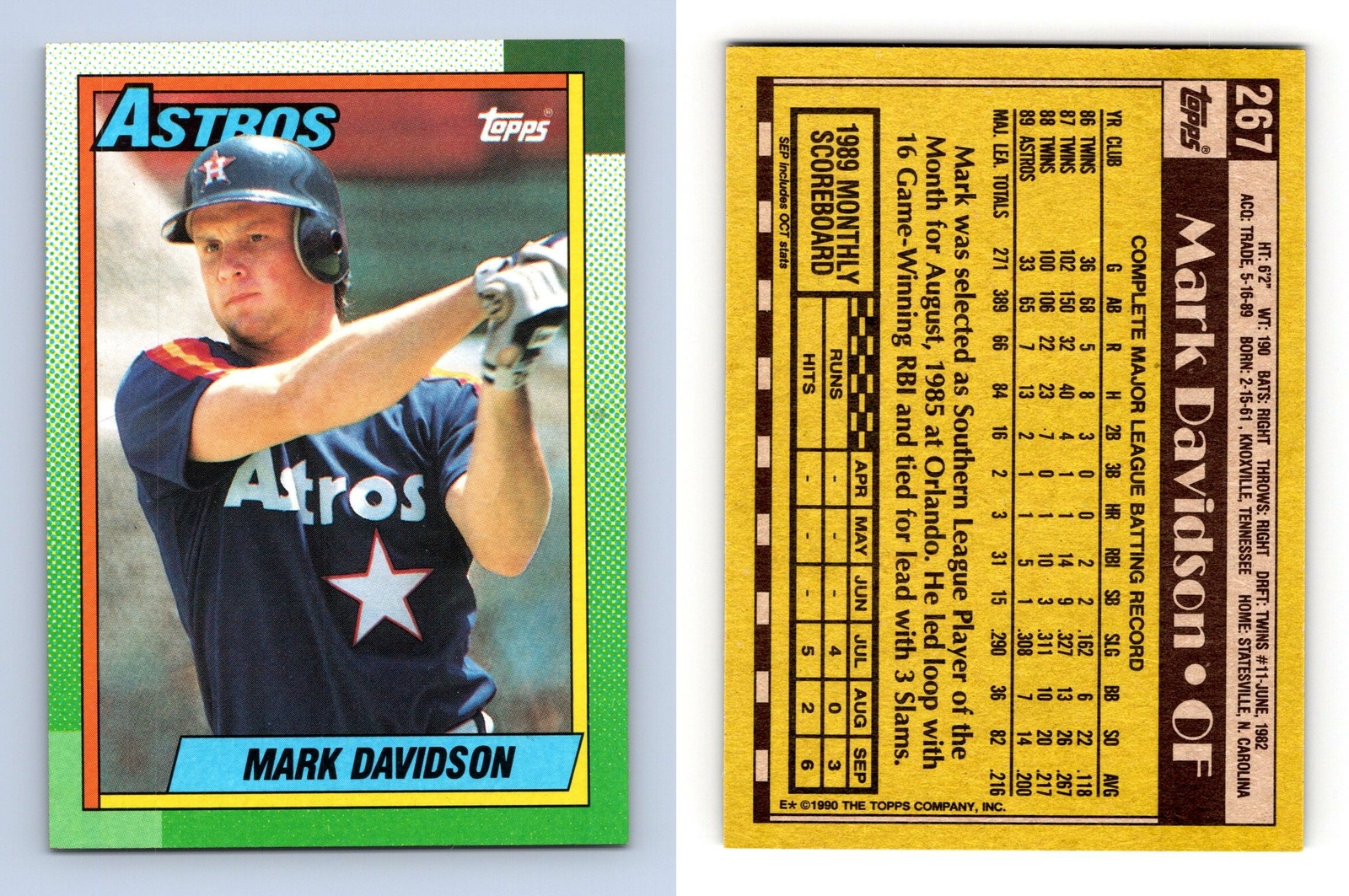 Mark Davidson - Astros #267 Topps 1990 Baseball Trading Card | eBay