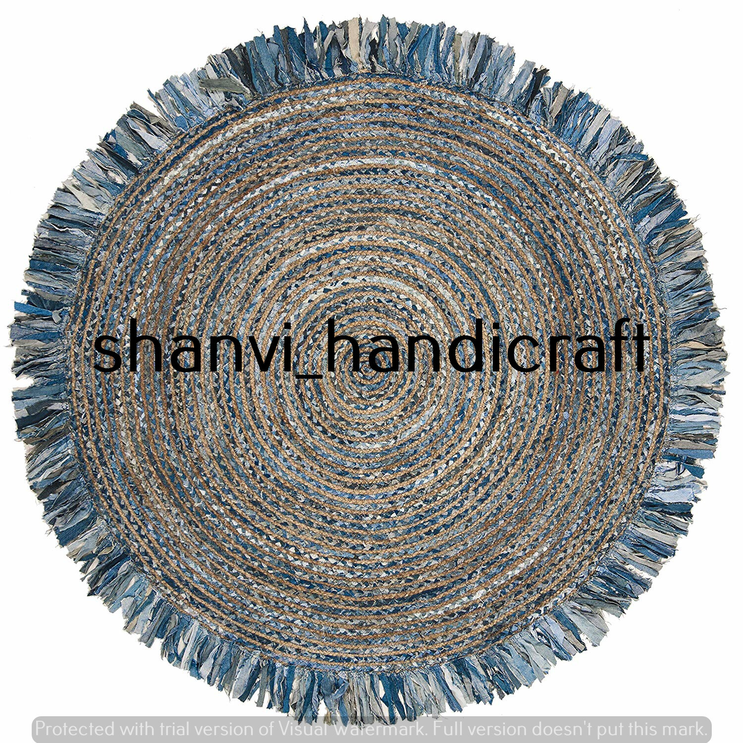 Reversible Round Braided Natural & Multi Colour Denim Jute Cotton Rug ...