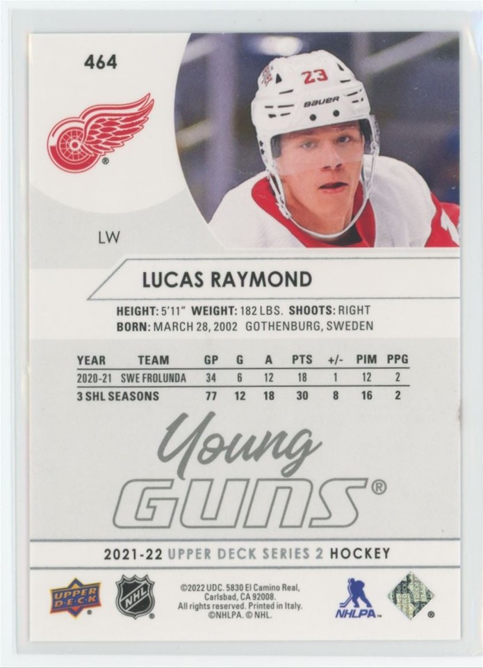 2021-22 Upper Deck Young Guns Lucas Raymond Rookie Detroit Red Wings ...