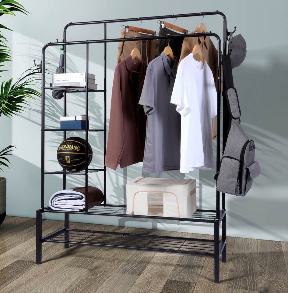 Heavy Duty Double Clothes Rail 120KG Load Cloth Rack With Shelves ...