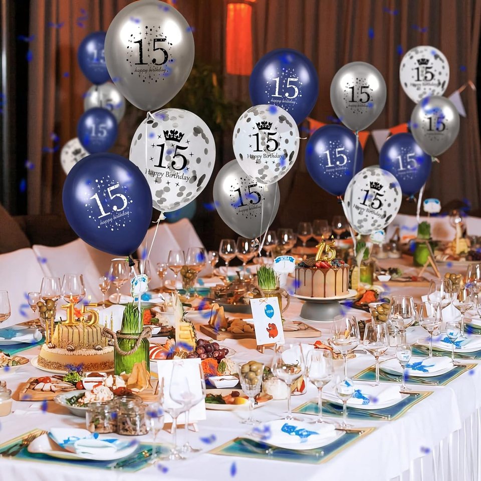 15Th Blue Birthday Balloon Decorations, 15PCS Navy Blue Silver 15Th ...