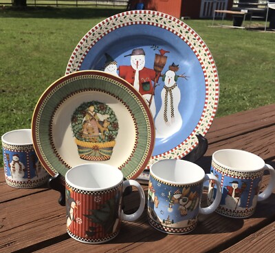 Sakura Debbie Mumm Christmas Dishes & Snow Flakes Trivet 7 Pc Set/ Lot ...