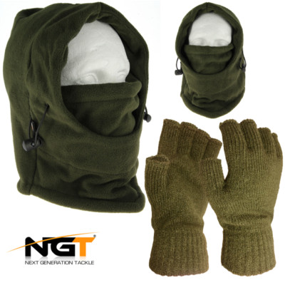 NGT CARP FISHING GREEN SNOOD WITH FACE GUARD + GREEN FINGERLESS GLOVES ...