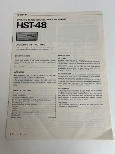 Sony HST-48 Stereo 8 Track Receiver Program Sensor Operation Owner's ...