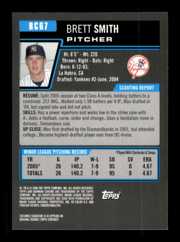 2006 Baseball Bowman Chrome Brett Smith New York Yankees #BC67 | eBay
