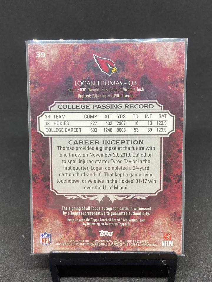 2014 topps inception logan Thomas Auto Autograph Rookie RC SP | eBay