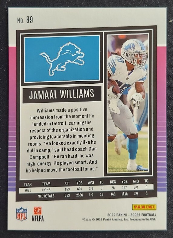 2022 Panini Score Jamaal Williams #89 Detriot Lions NFL MINT FREE ...