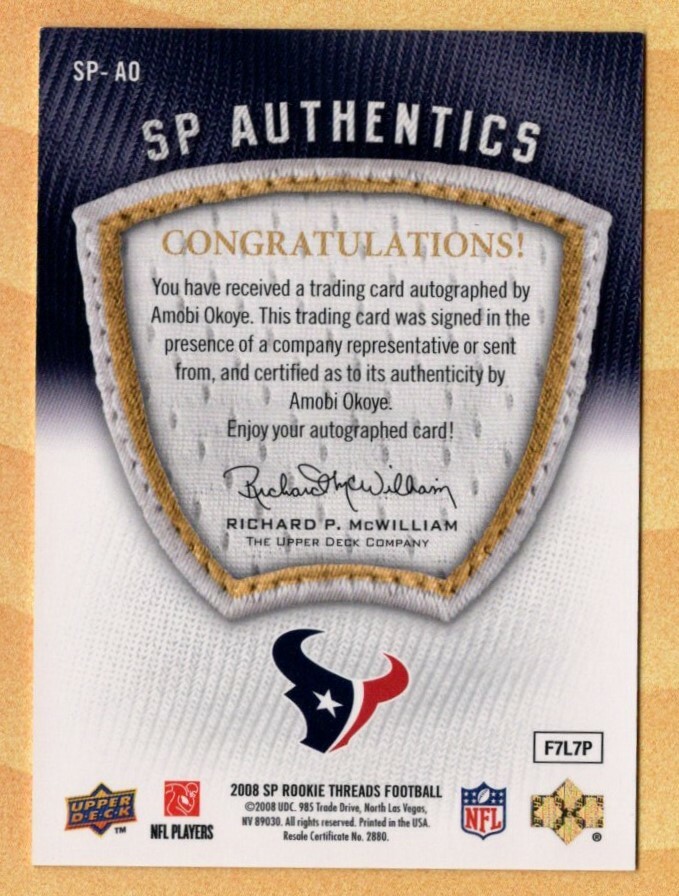 2008 Amobi Okoye SP Rookie Threads Autographed Card #SP-AO. Serial #086 ...