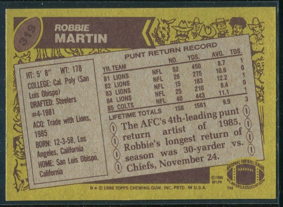 1986 Topps Football Robbie Martin #319 Indianapolis Colts | eBay