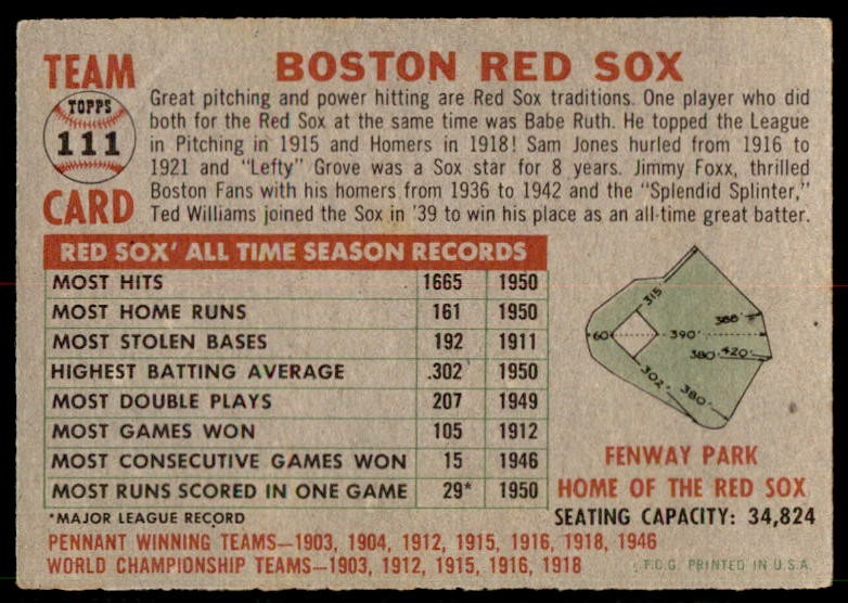 1956 Topps #111 Boston Red Sox Team Card EX | eBay