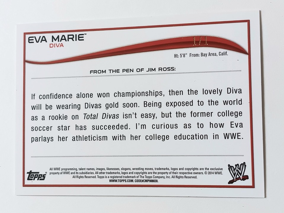 EVA MARIE WWE NXT 2014 TOPPS RC # 1/1 RED AUTOGRAPH CARD | eBay