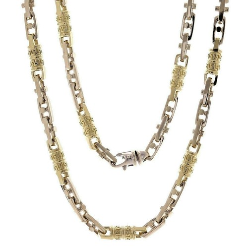 14k Two Tone Gold Handmade Greek Key Barrel Link Necklace 24" 7.5mm 126 ...