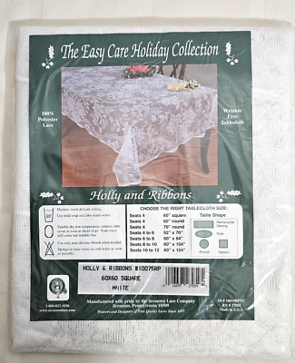 Scranton Lace Christmas Tablecloth "Holly & Ribbons" Cover White 60"X60 ...