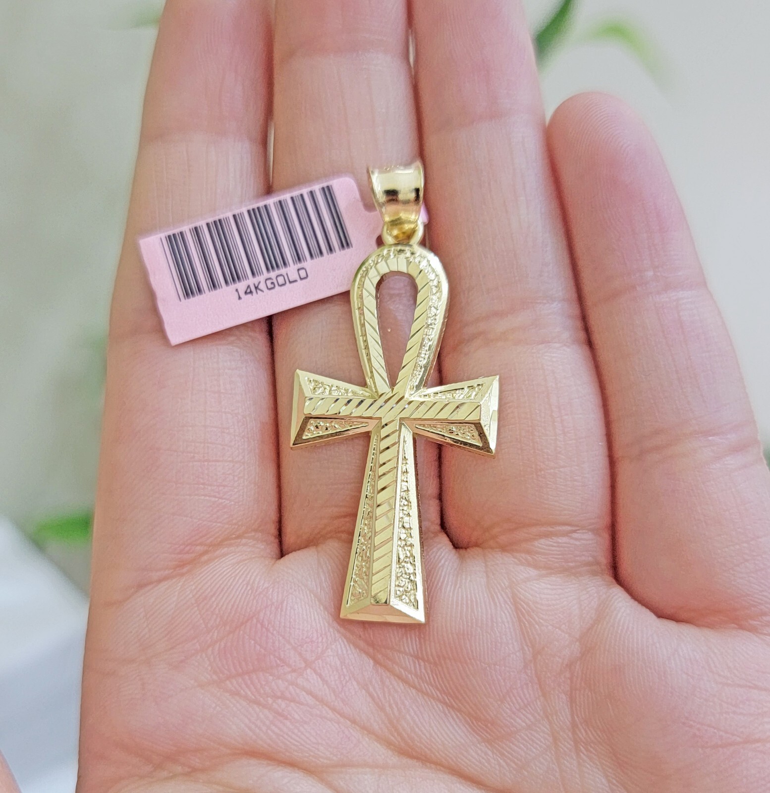 Real 14k Yellow Gold Ankh charm pendant 1.75 Inch Diamond Cuts Charm ...
