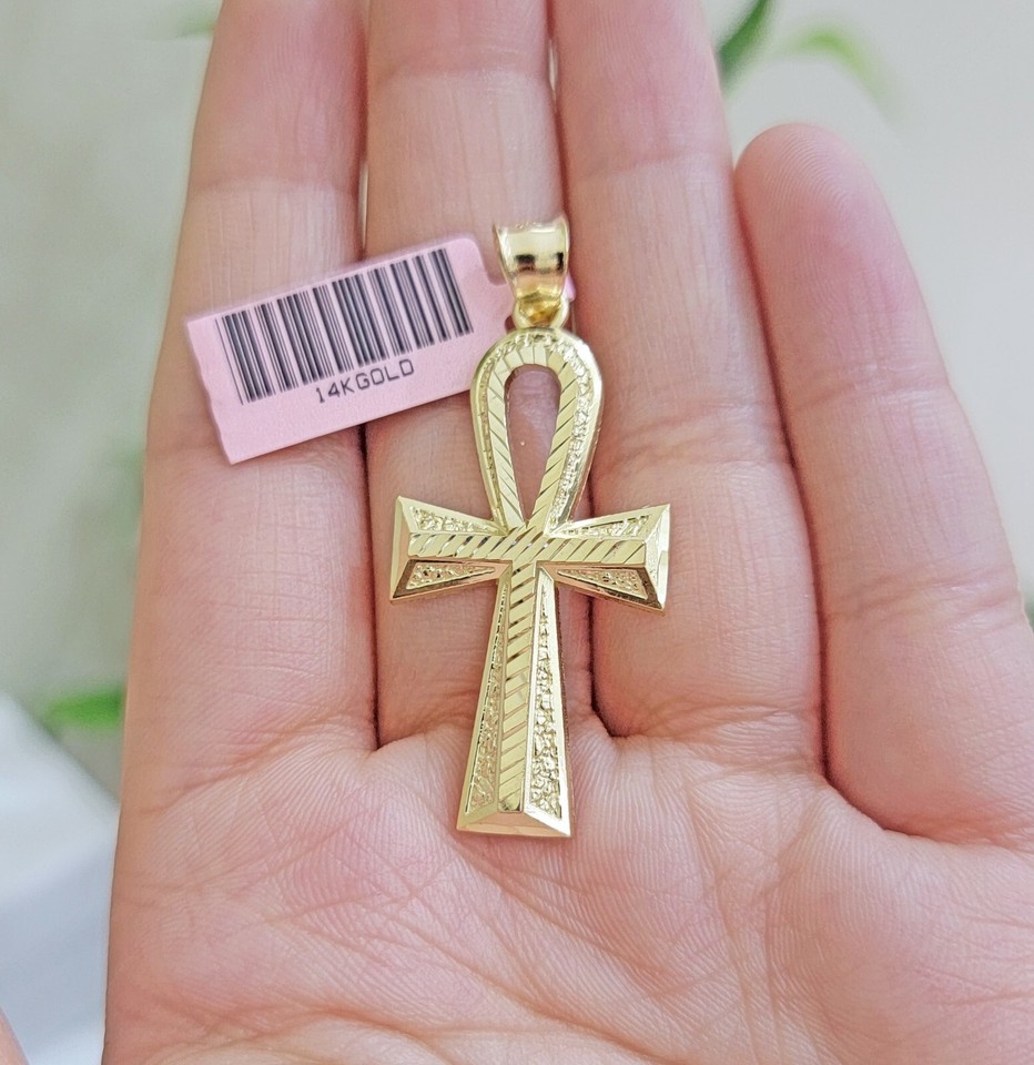 Real 14k Yellow Gold Ankh charm pendant 1.75 Inch Diamond Cuts Charm ...