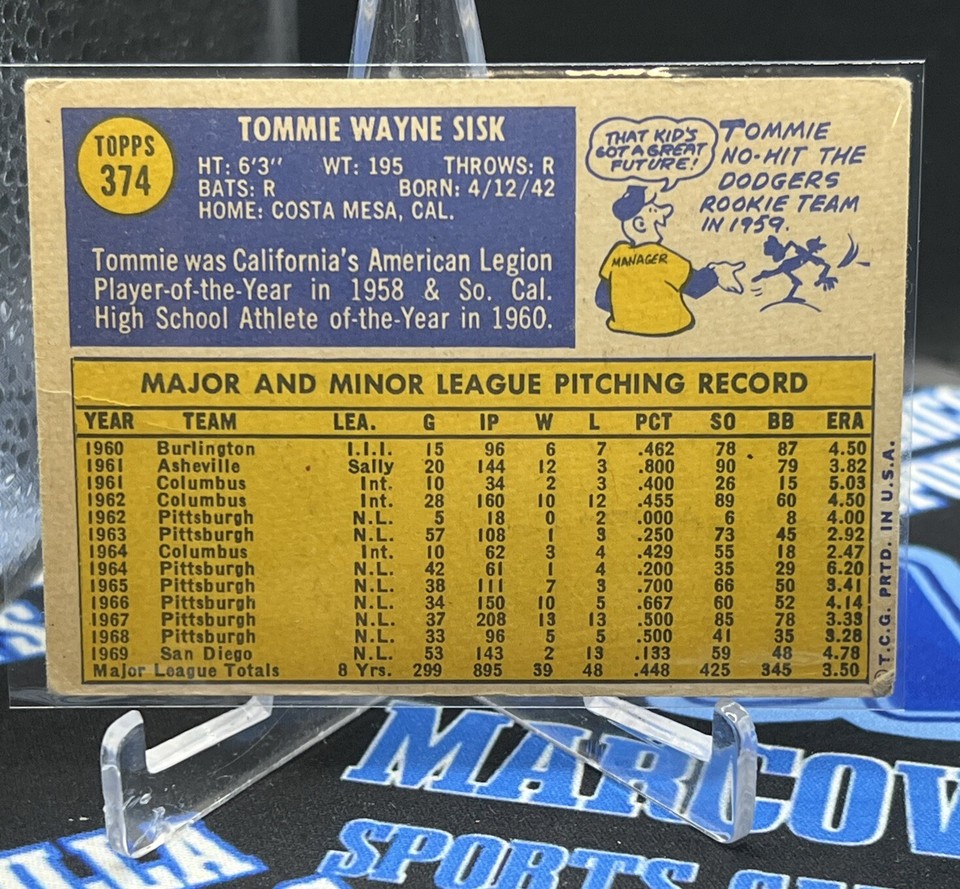 1970 Topps Baseball Tommy Sisk Card #374 San Diego Padres VG+ | eBay