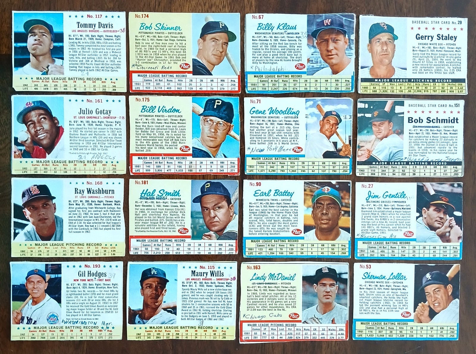 1961 1962 1963 Post Cereal Baseball Card Lot of 16 Different - Very Low ...