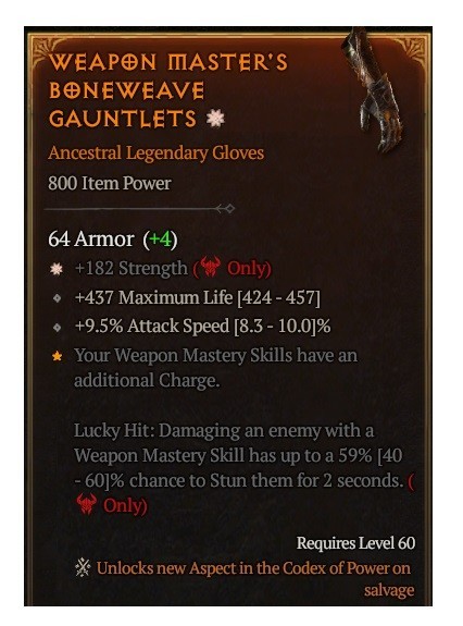 Diablo 4 S9 Weapon Master's Boneweave Gauntlets 1GA Legendary Gloves ...