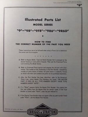 Briggs Stratton 9 9B 9FB 9R6 9R6D Horizontal L-Head Engine Parts ...