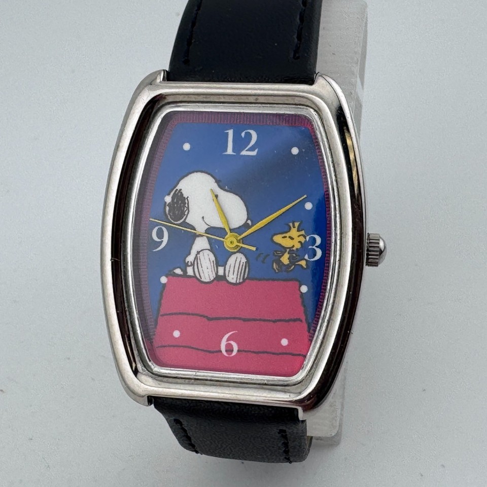 Vintage Peanuts Snoopy Quartz Watch Men Silver Barrel Leather Analog ...