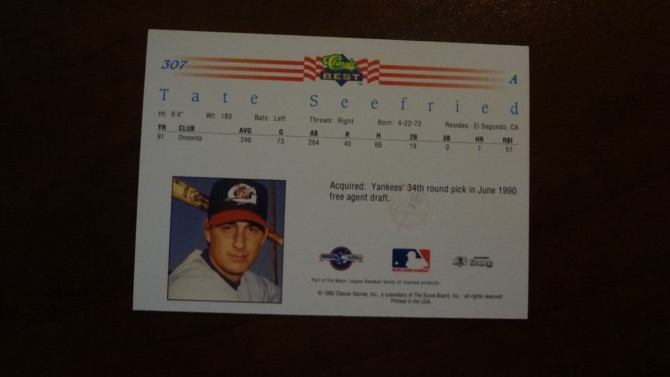 1992 CLASSIC GAME INC. # 307 TATE SEEFRIED BASEBALL CARD | eBay