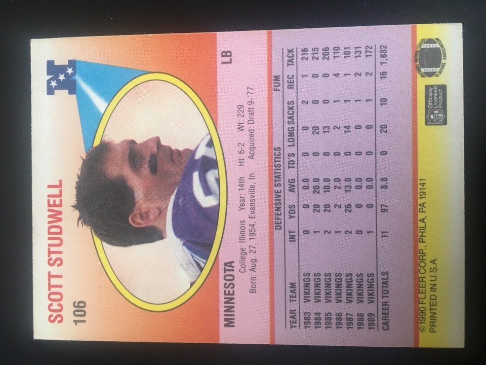 1990 Fleer Scott Studwell Minnesota Vikings #106 NFL Card | eBay
