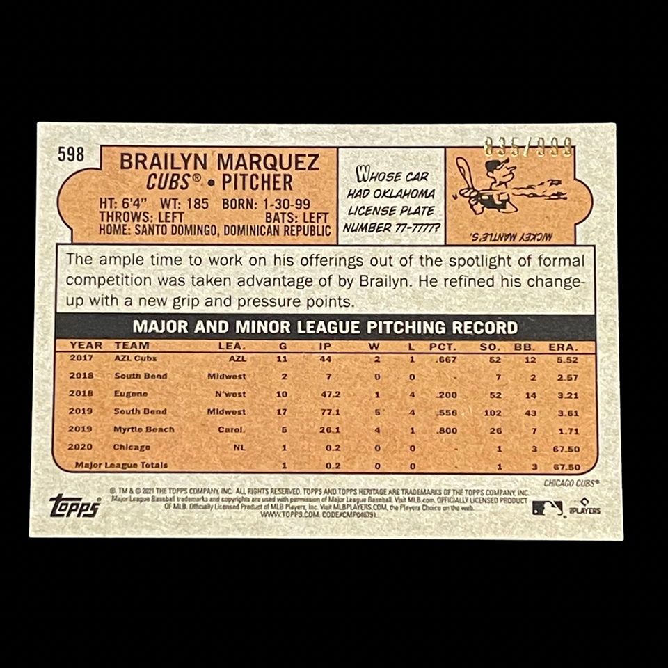 2021 Heritage Brailyn Marquez RC #598 Chrome Refractor SN 835/999 ...