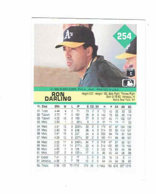 Ron Darling Oakland A's #254 Fleer 1992 Baseball Card | eBay