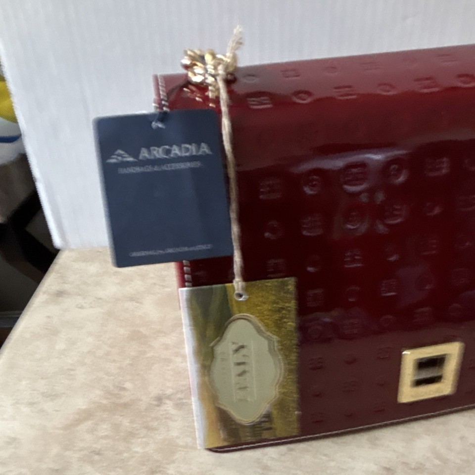 Arcadia Red Patent Shoulder Bag Gold Chain Strap Turn Lock Logo Accent ...
