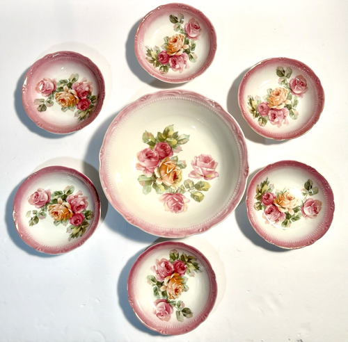 Otto Grunert Vintage Bowls Set of 7 Pink Roses Pink Luster Porcelain ...