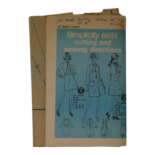 Uncut Vintage 1969 Simplicity Sewing Pattern 8651 Sheath Dress and Coat ...