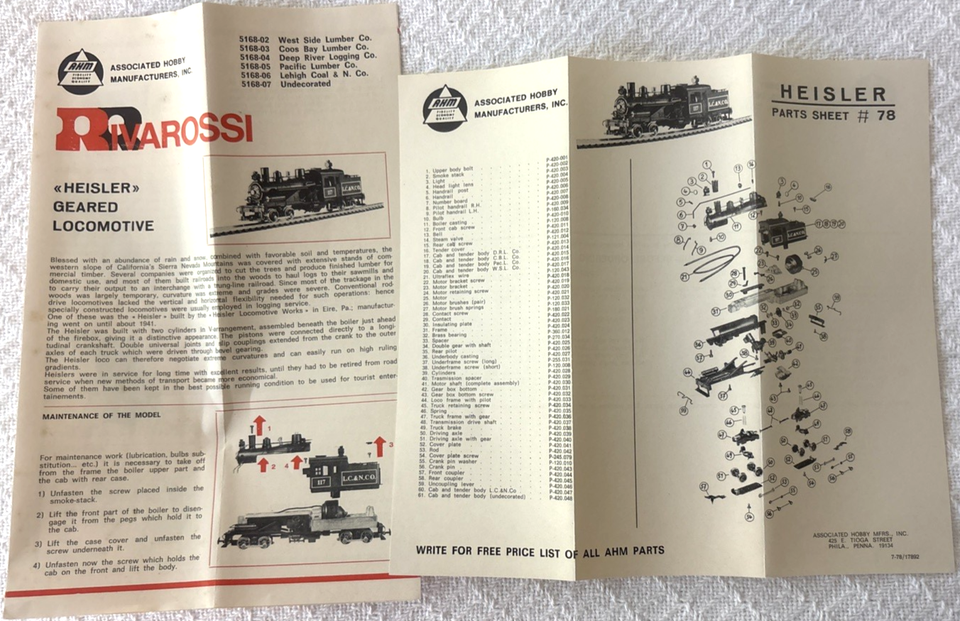 HO Scale Rivarossi 2-Truck Heisler Steam ~1984 Undecorated, barely run ...