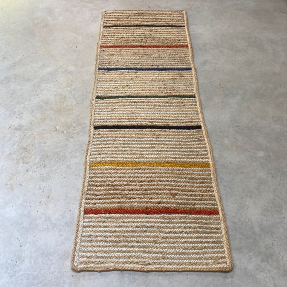 Hallway or entrance jute rug runner with colourful pinstripe design 60 ...