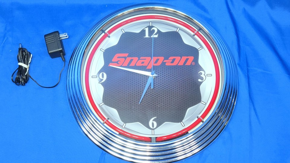 15" Snap-on Tool Neon Wall Clock Red Chrome Light Garage Shop Sign ...