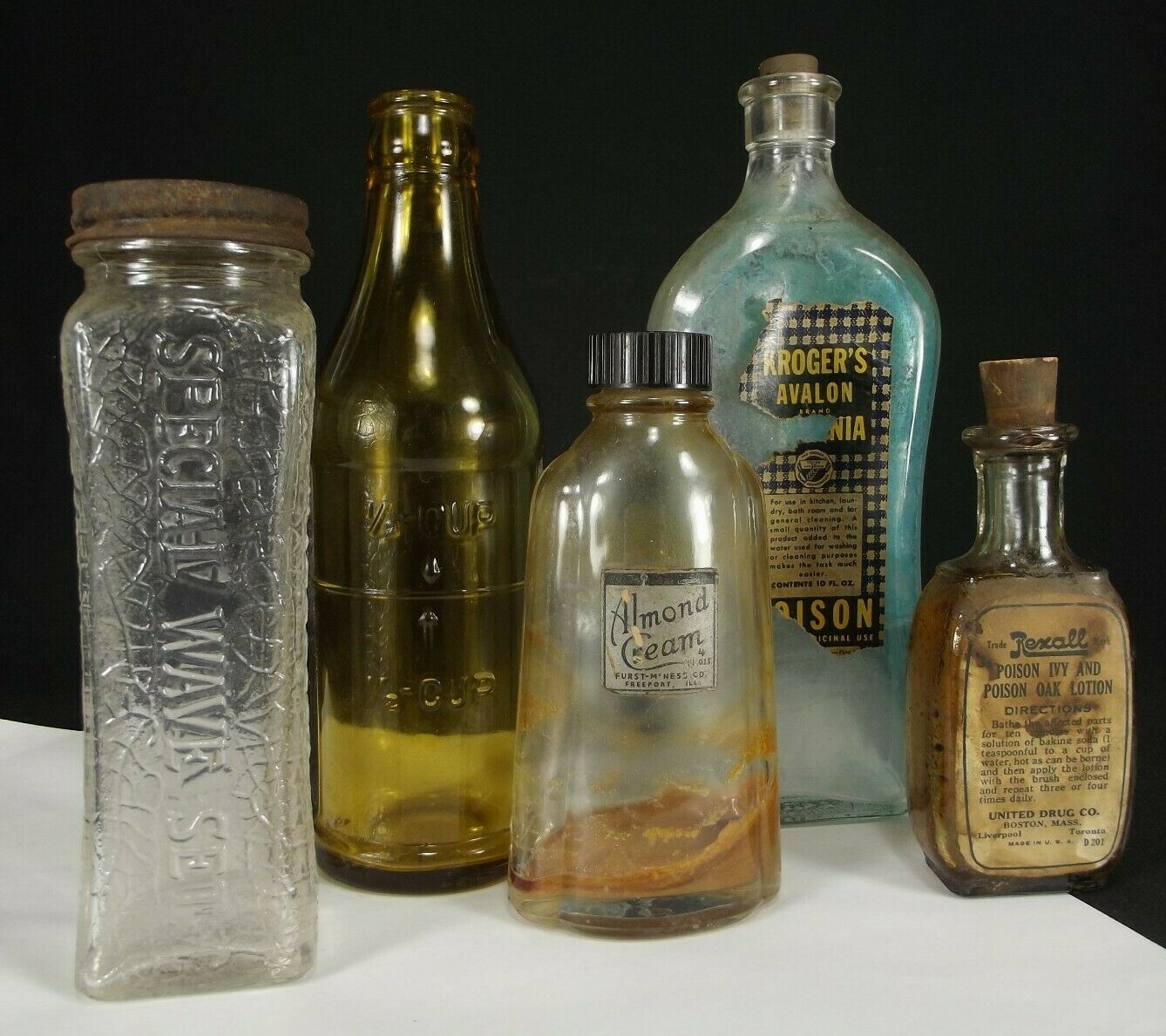 ANTIQUE BOTTLE LOT 5 total LABELS LIDS CORKS Poison Ivy Avalon Almond ...