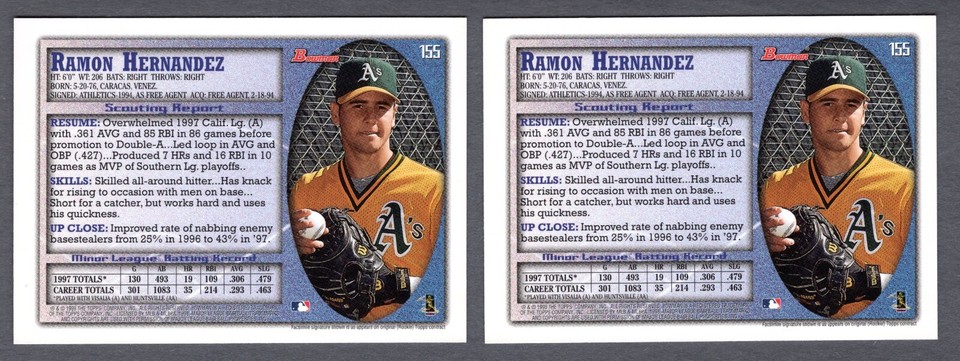 (2) 1998 BOWMAN RAMON HERNANDEZ CARD #155 LOT **NM-MT** OAKLAND ...